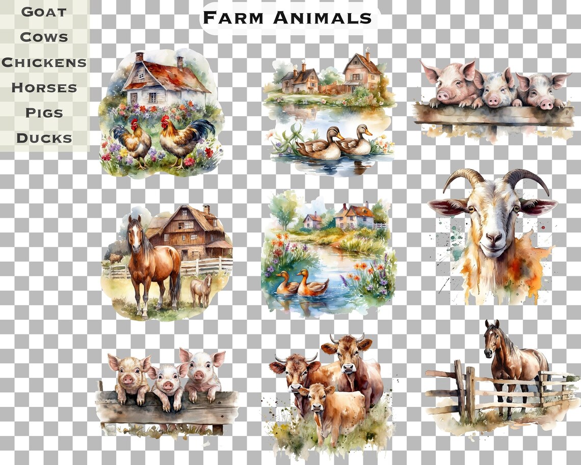 Farm Life Clipart Bundle, Farm Life Watercolor Clipart, Farm Animals ...