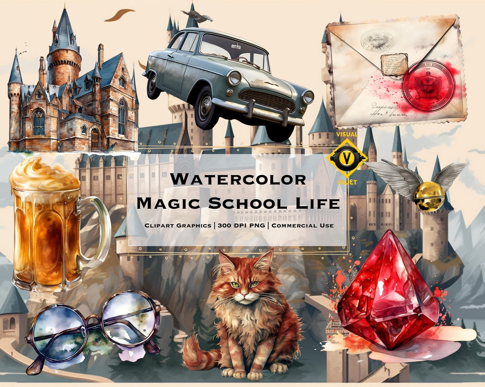 Magic School Watercolor Clipart, Magic Items Watercolor Clipart, Wizard ...