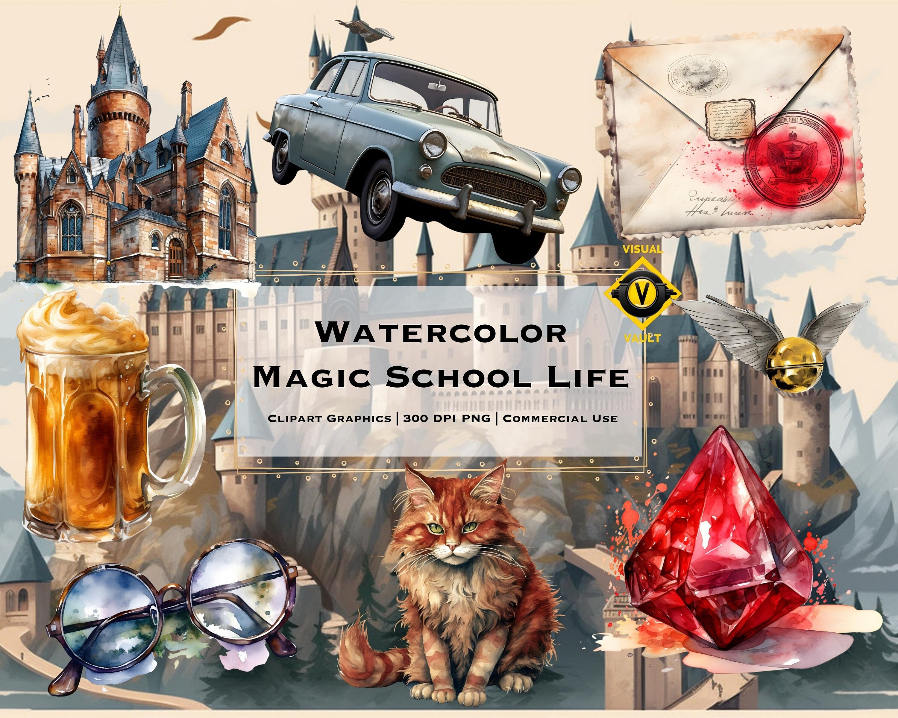 Magic School Watercolor Clipart, Magic Items Watercolor Clipart, Wizard ...