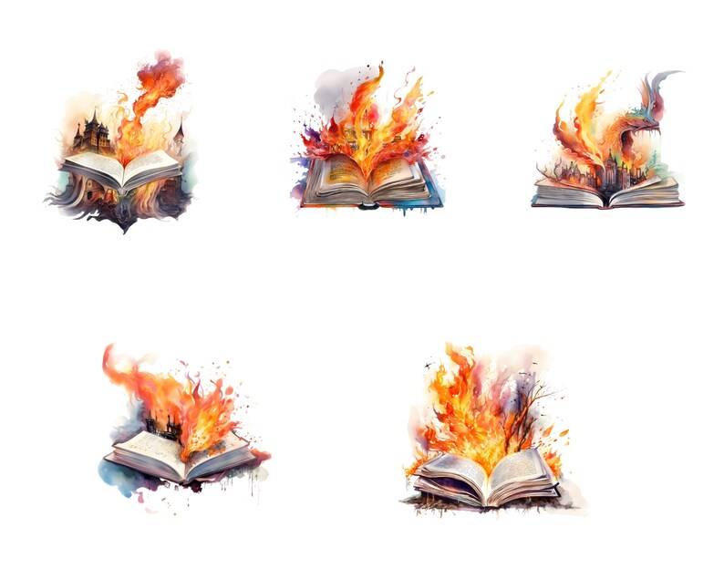 20 PNG Burning Books Fantasy Clipart Bundle, Open Magic Books on Fire ...