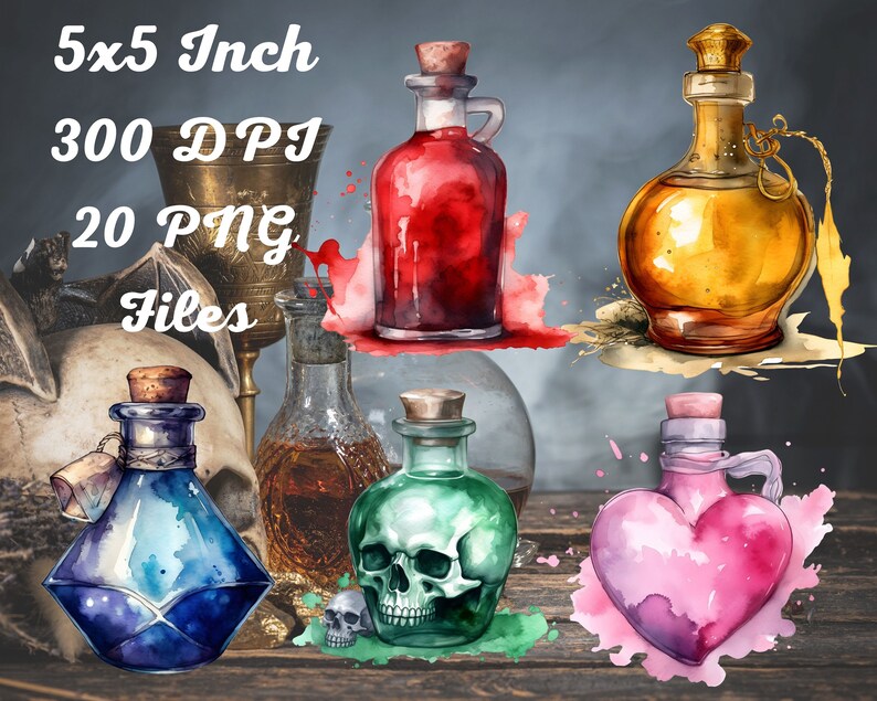 Magic Potions Watercolor Clipart, Magic School Potions Clipart, Wizard ...
