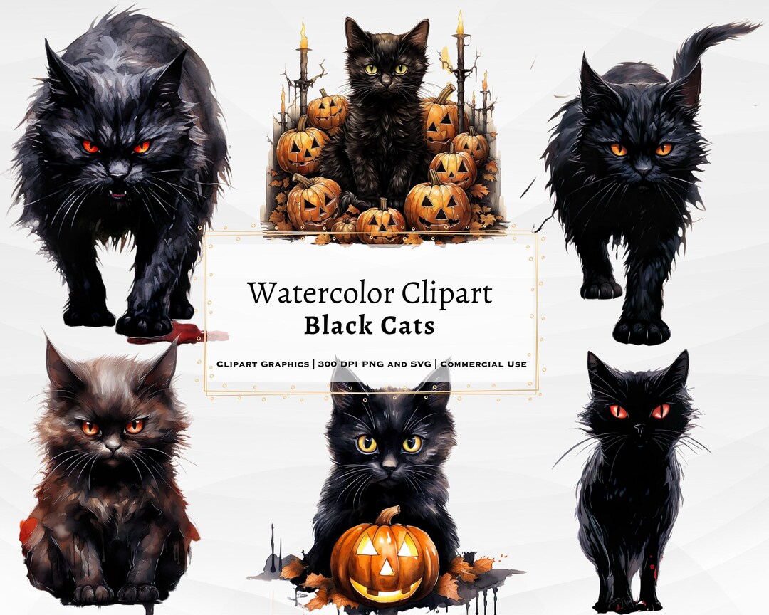 Halloween Black Cats Watercolor Clipart, Black Cats Watercolor Clipart ...