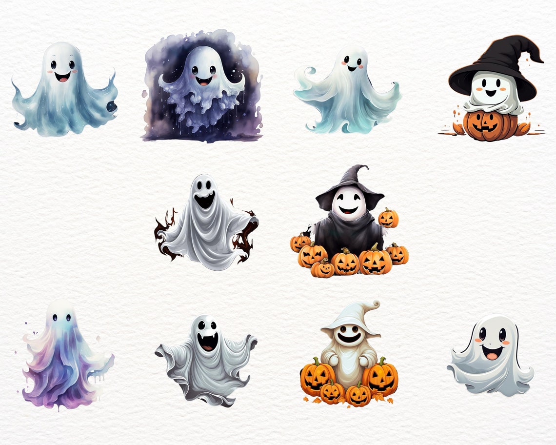 Cute Ghosts Watercolor Clipart, Spooky Ghosts Watercolor Clipart ...