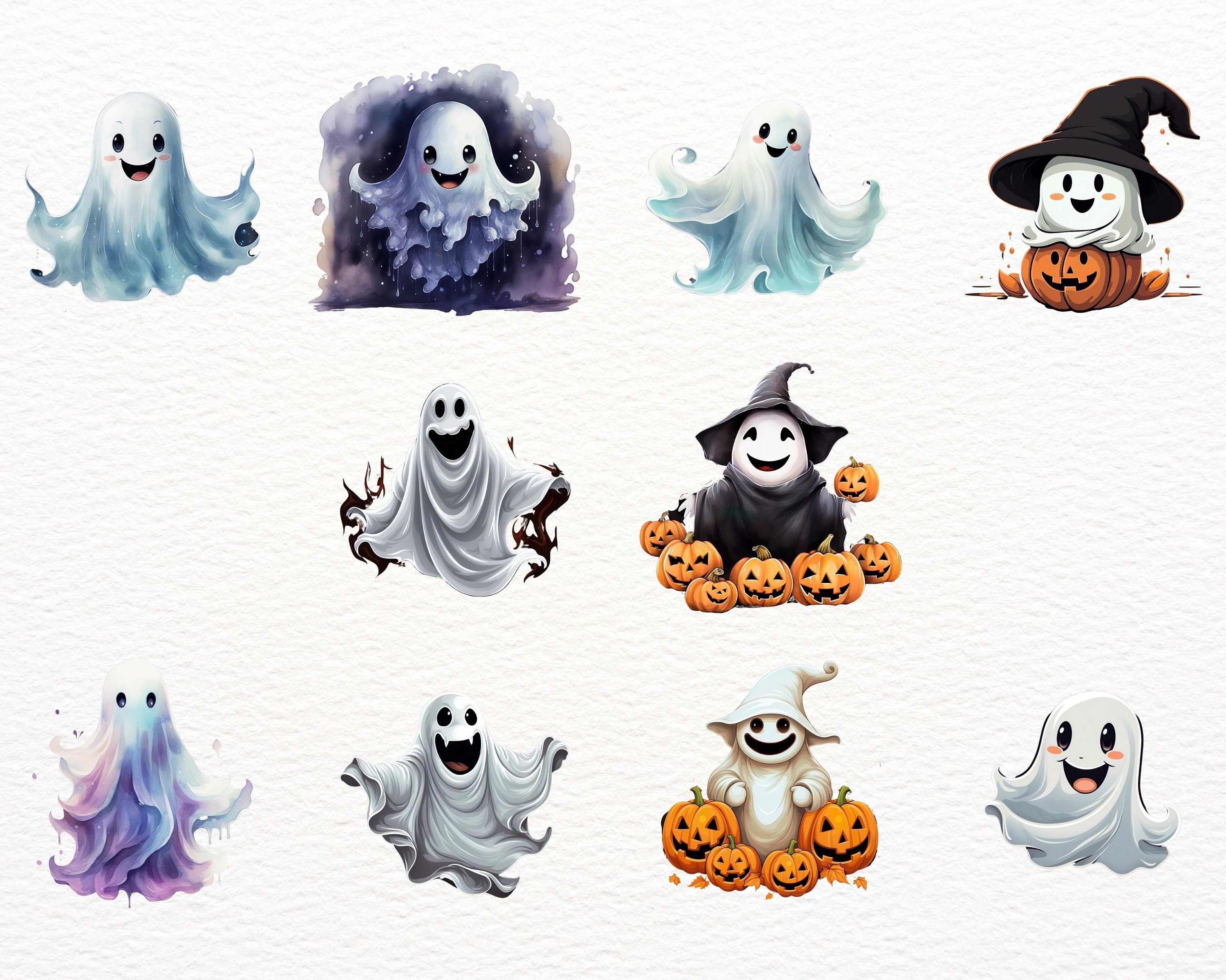 Cute Ghosts Watercolor Clipart, Spooky Ghosts Watercolor Clipart ...