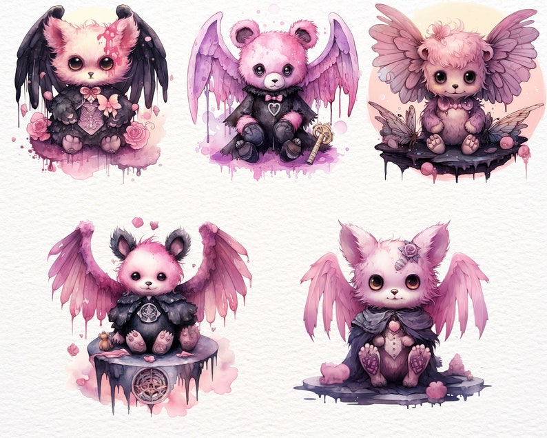 Kawaii Pastel Goth Teddy Bear Clipart, Cute Dark Fantasy Bears, Angel ...