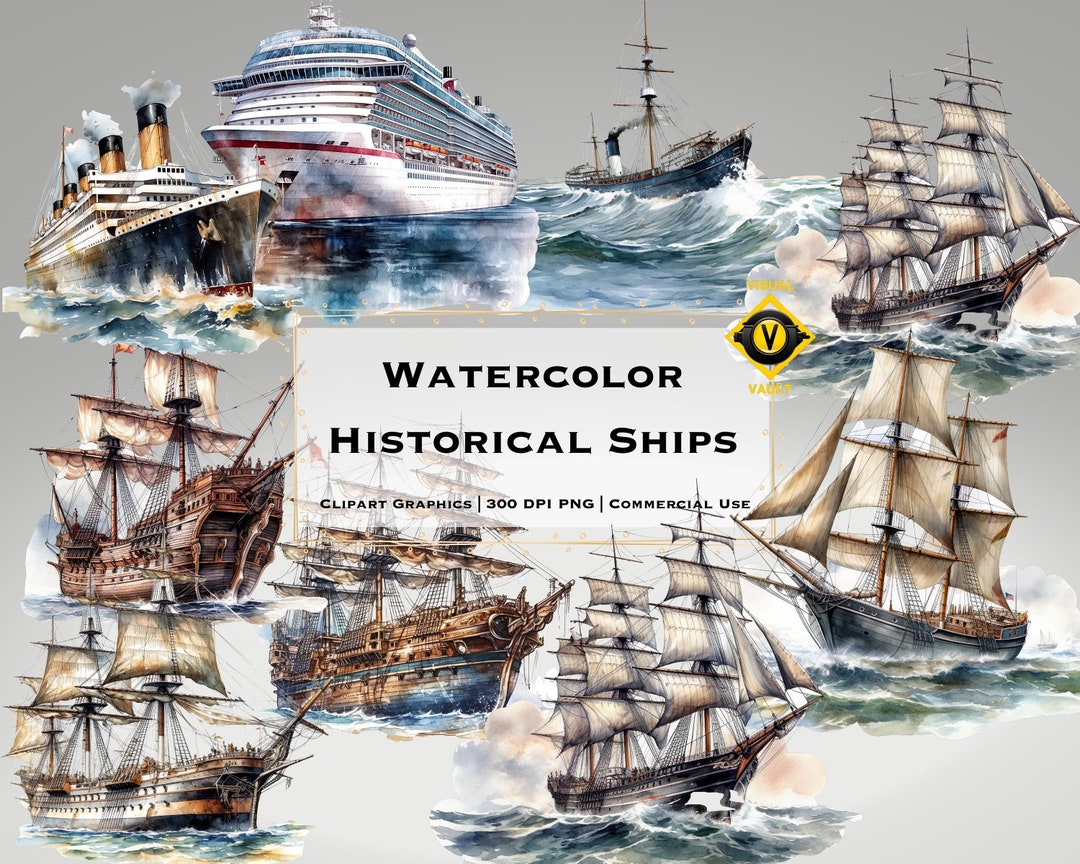 10 Images Historical Watercolor Ships Clipart, Retro Ships PNG and ...