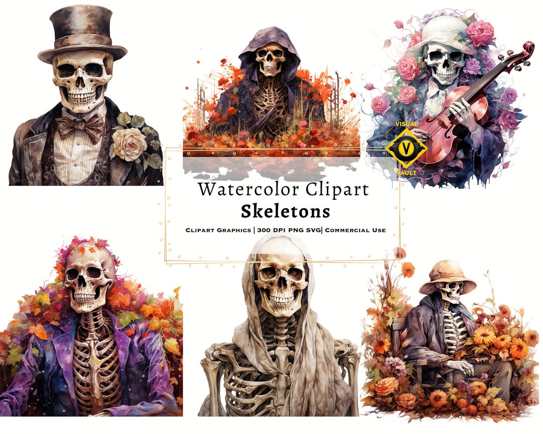 Halloween Skeletons Clipart, Psychedelic Skeletons Watercolor Clipart ...
