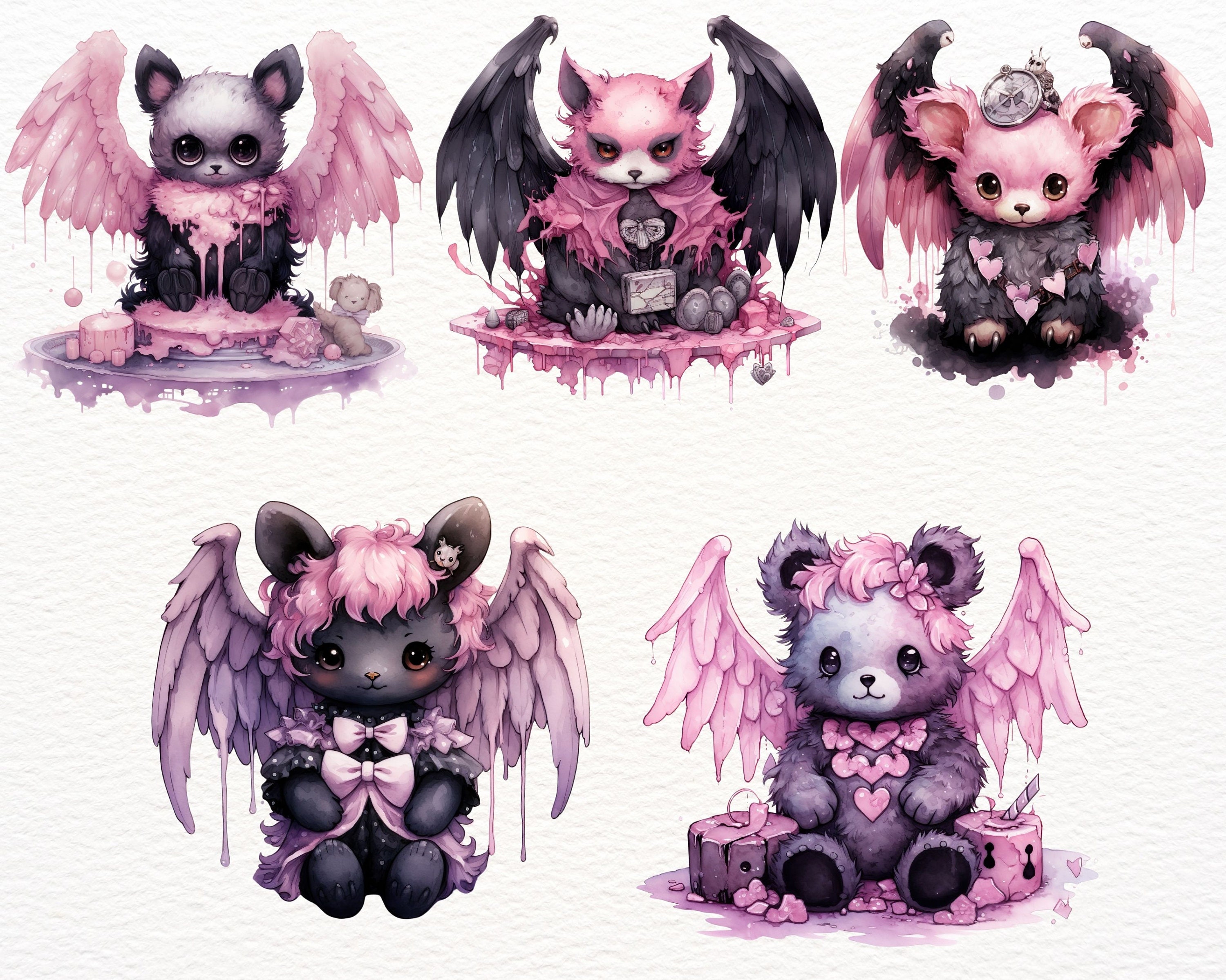 Kawaii Pastel Goth Teddy Bear Clipart, Cute Dark Fantasy Bears, Angel ...