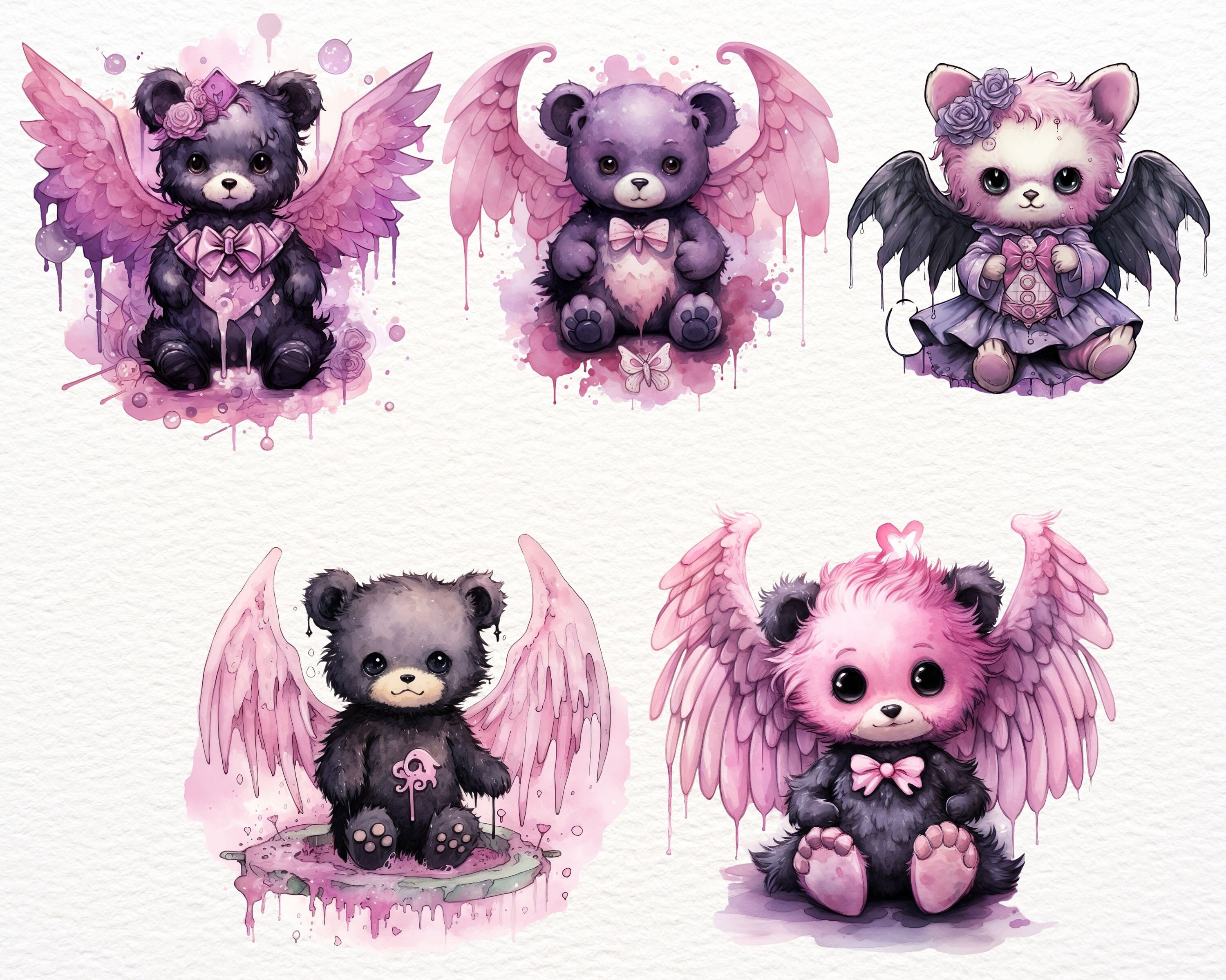 Kawaii Pastel Goth Teddy Bear Clipart, Cute Dark Fantasy Bears, Angel ...