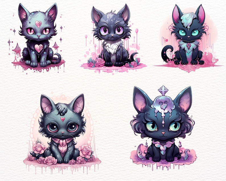 Kawaii Pastel Goth Cat Clipart, Cute Gothic Kitten Illustrations, Dark ...