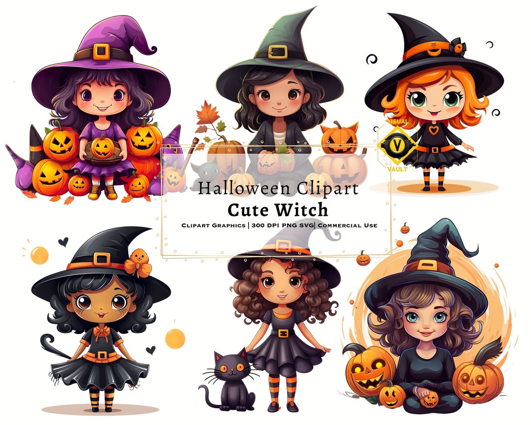 Cute Witches Watercolor Clipart, Witches Watercolor Clipart Bundle ...