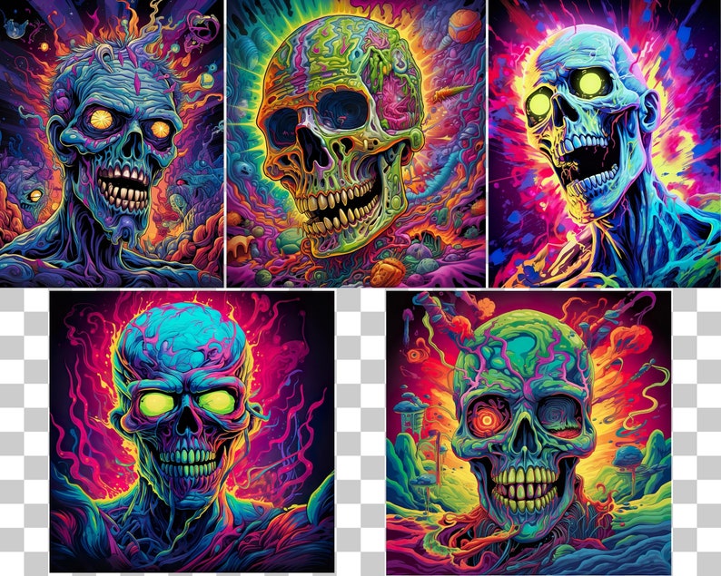 25 PNG Psychedelic Zombie Clipart Bundle, Trippy Colorful Zombie ...