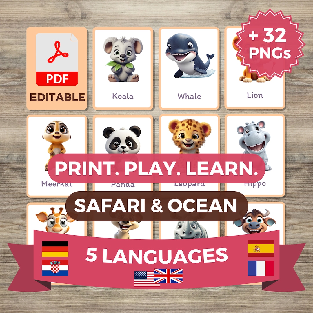 32 Cute Safari Animals Flashcards Clipart Editable PDF Transparent PNG ...
