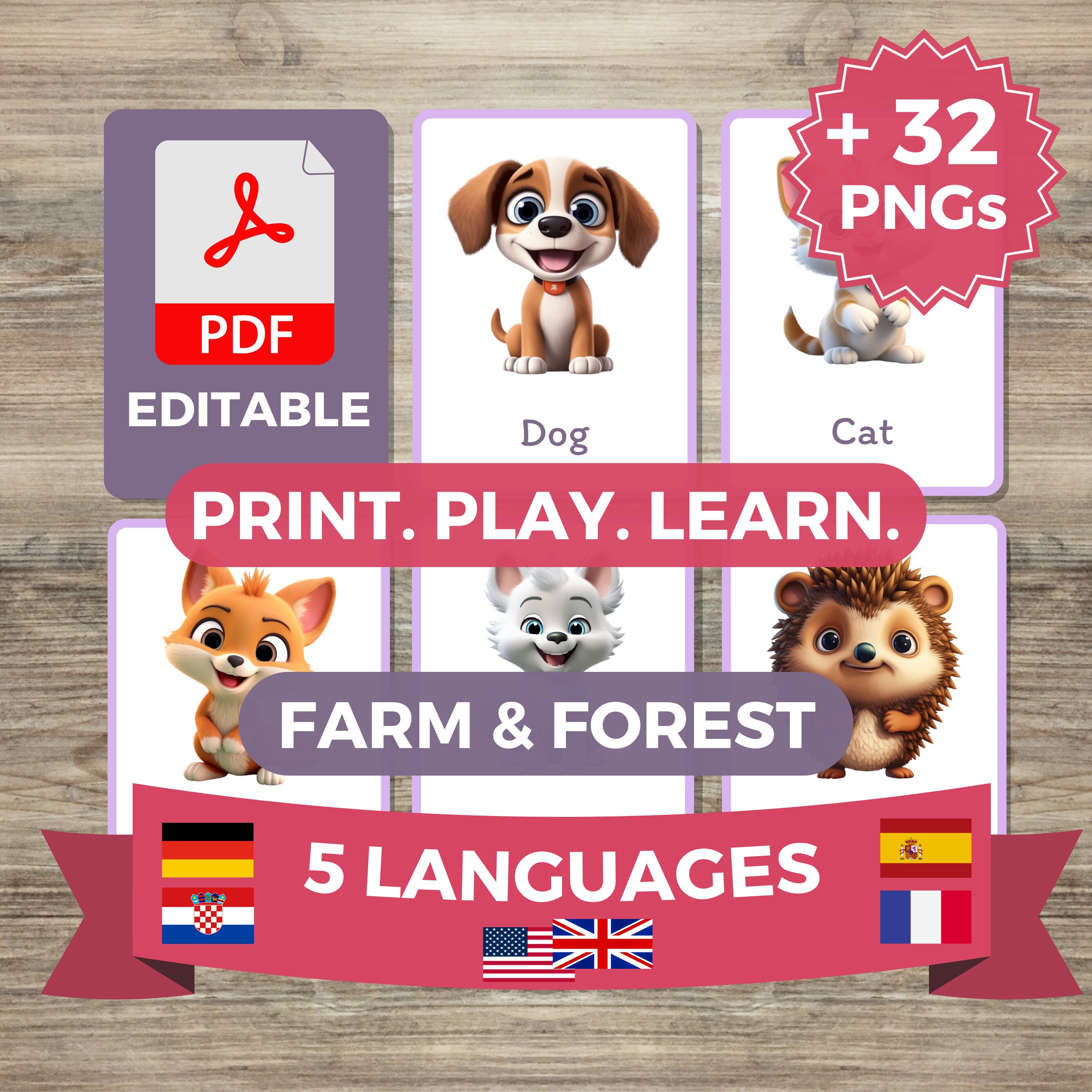 32 Cute Forest Animals Flashcards Editable PDF Clipart Transparent PNG ...