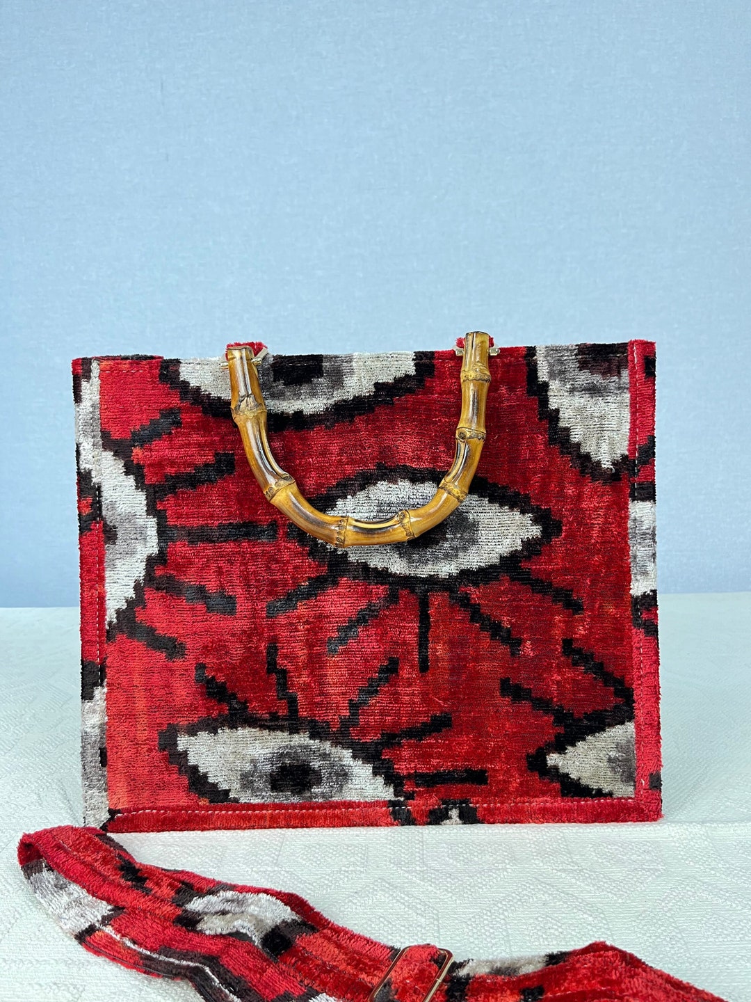 Ikat Eyes Tote Bag Velvet Large Jute Tote Red Bag Ikat Bag Strap Velvet ...