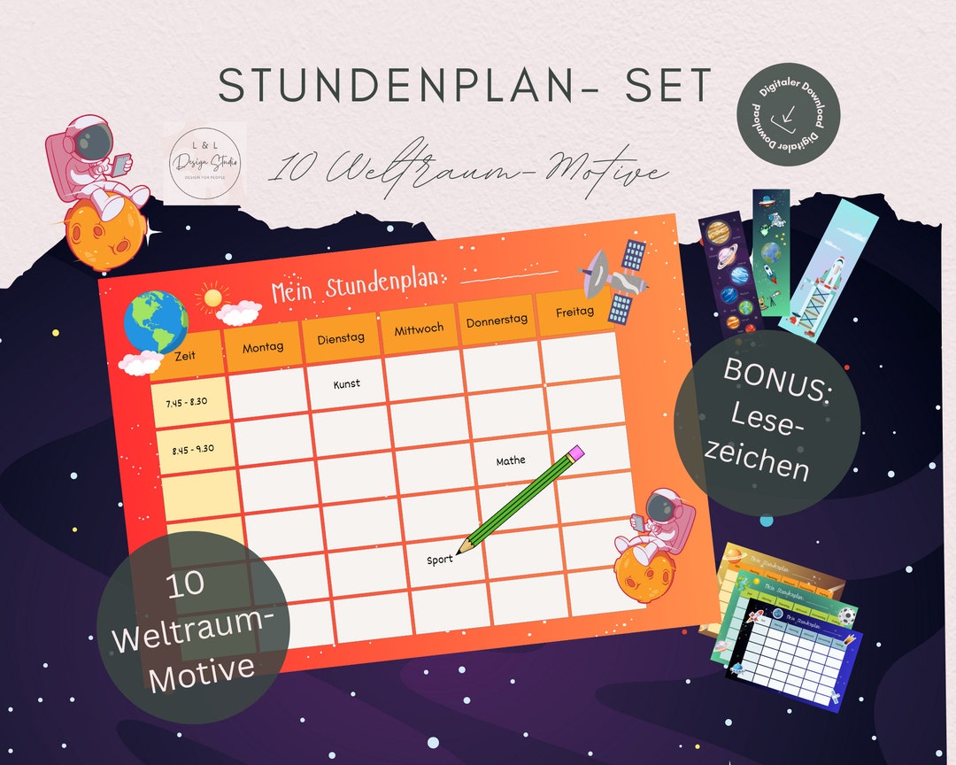 Timetable for Children With Ten Space Motifs and Three Free Bookmarks ...