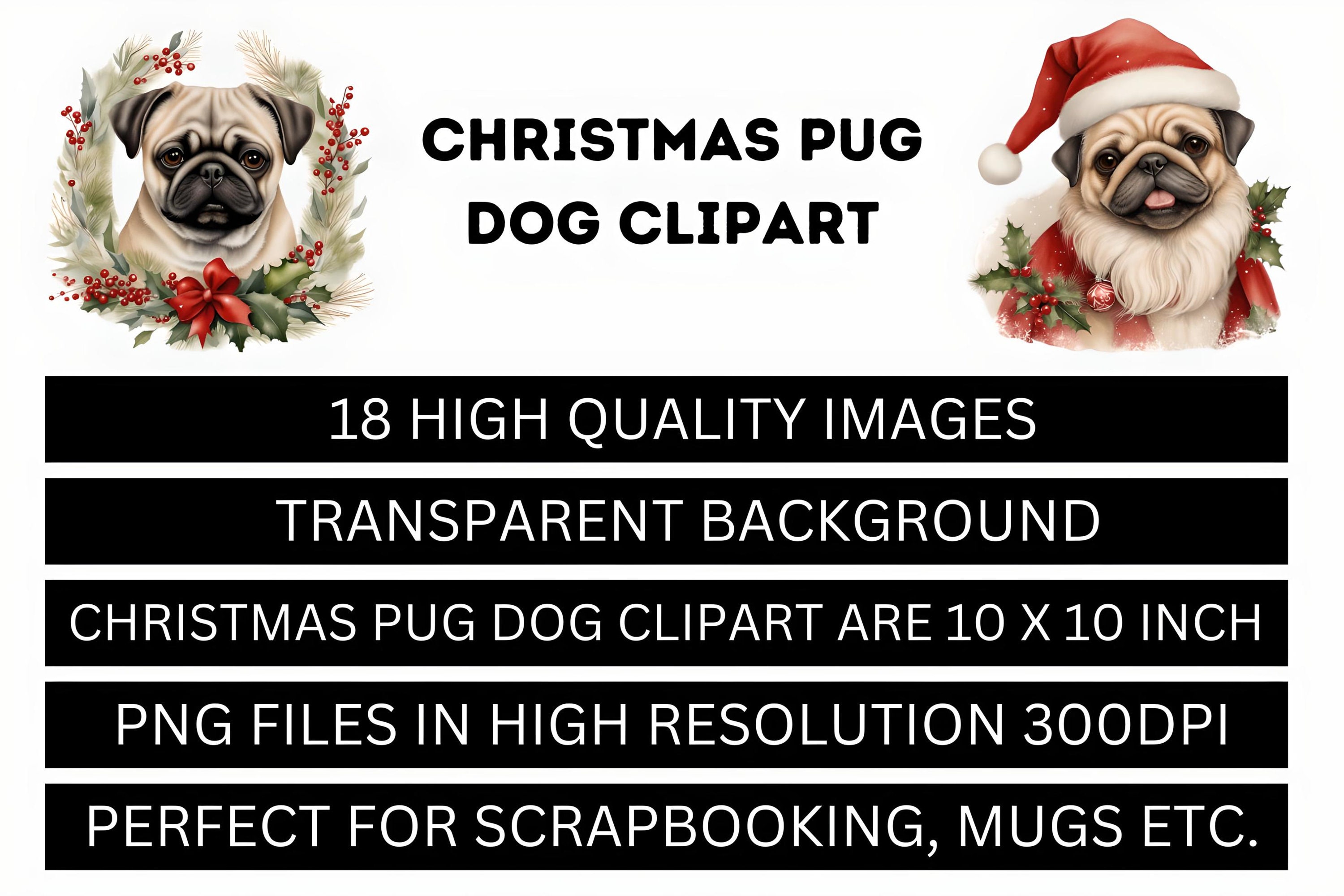 Christmas Pugs Clipart Pug Clipart, Holiday Graphics, Watercolor Dogs ...