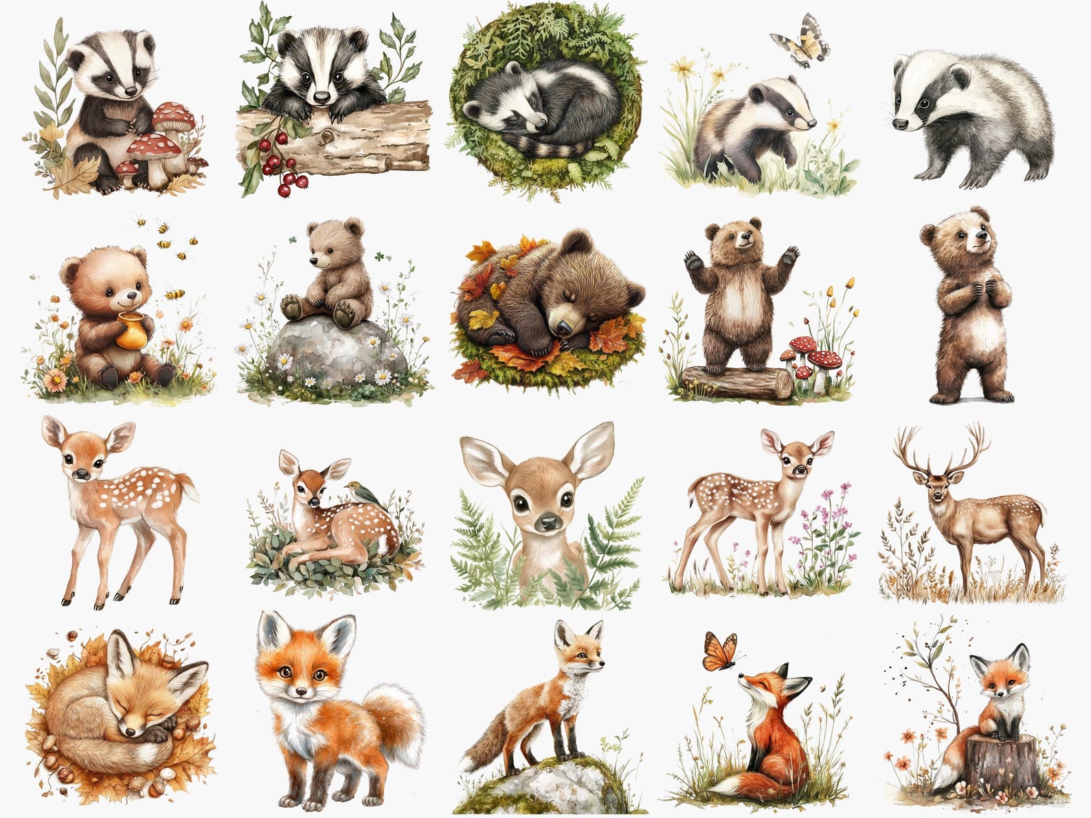 Woodland Animals Clipart - Watercolor Spring Forest Animals - Forest ...