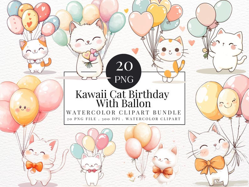 Kawaii Cat Birthday Clipart Set: Watercolor Doodle Graphics (digital ...