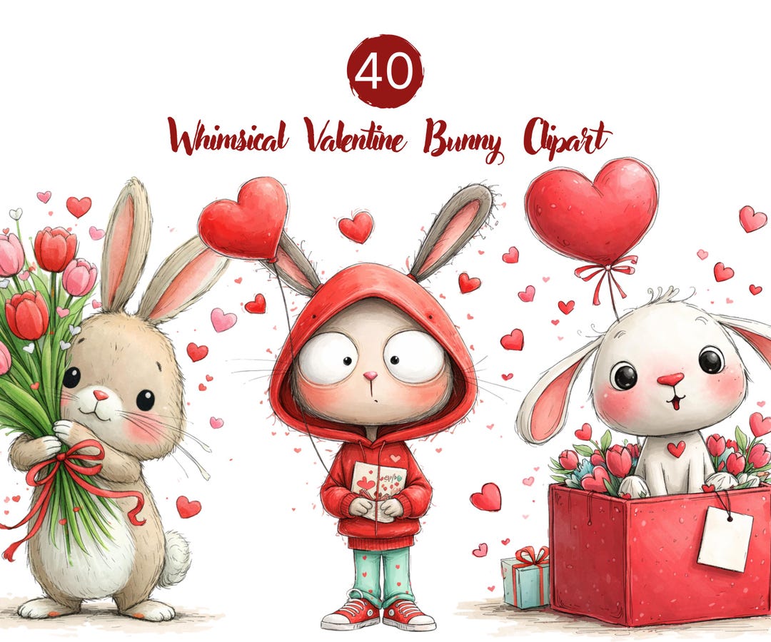 Whimsical Valentine Bunny Clipart: Lovers Bunnys Graphics (digital ...