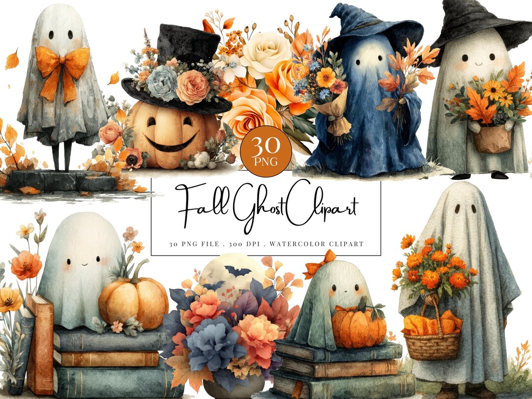 Watercolor Fall Ghost Clipart: Autumn Halloween Graphics (digital ...