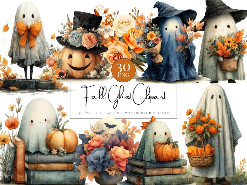 Fall Ghost Clipart, Autumn Boho Ghost Clip Art, Watercolor Ghost Flower ...