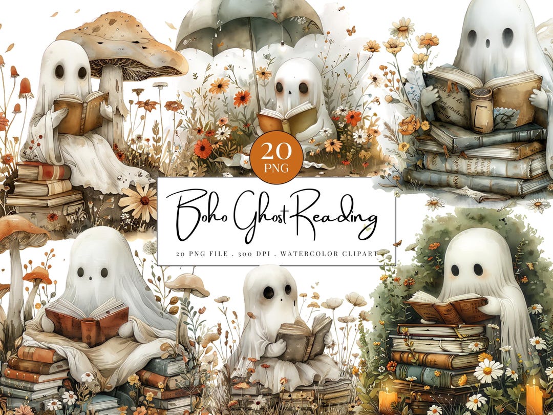 Boho Ghost Reading Clipart: Watercolor PNG Images (digital Download ...