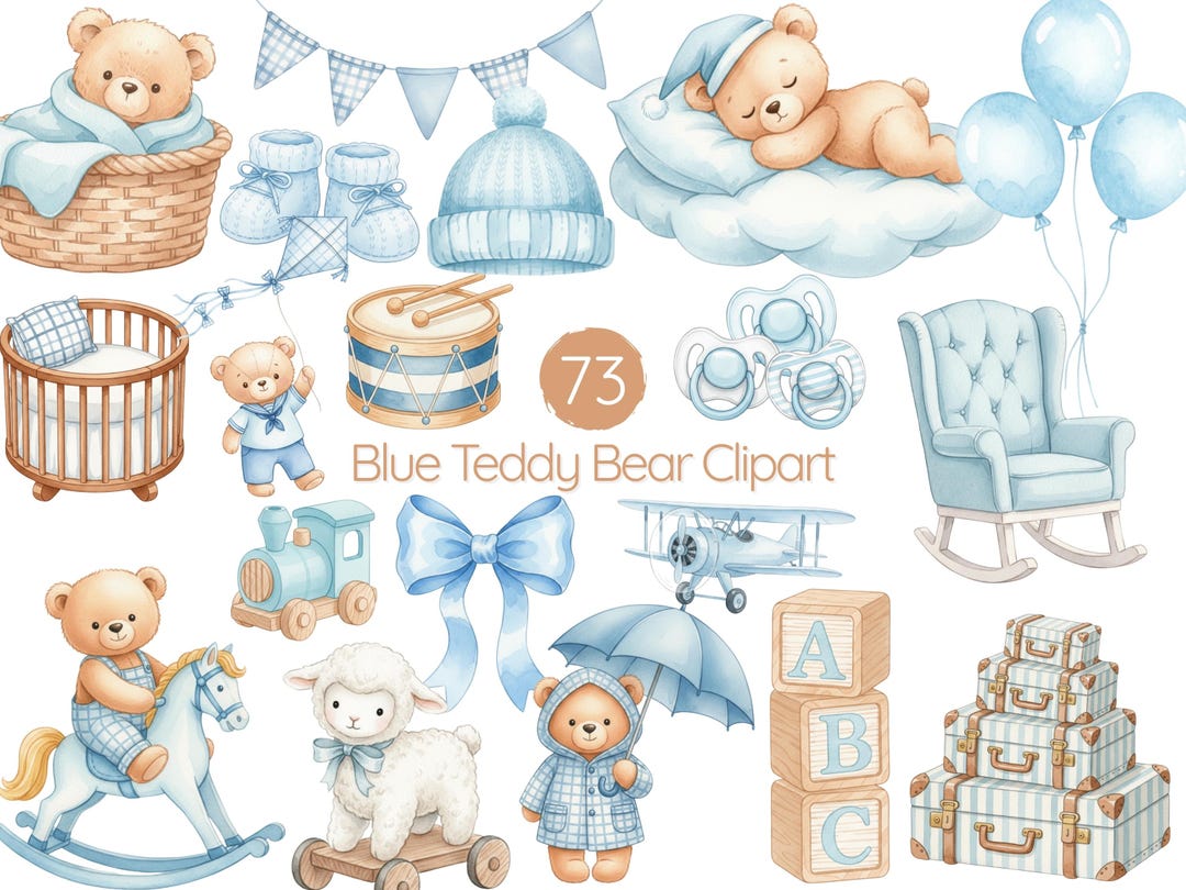 Blue Teddy Bear Clipart: Baby Shower Boy Blue - Watercolor Nursery Art ...