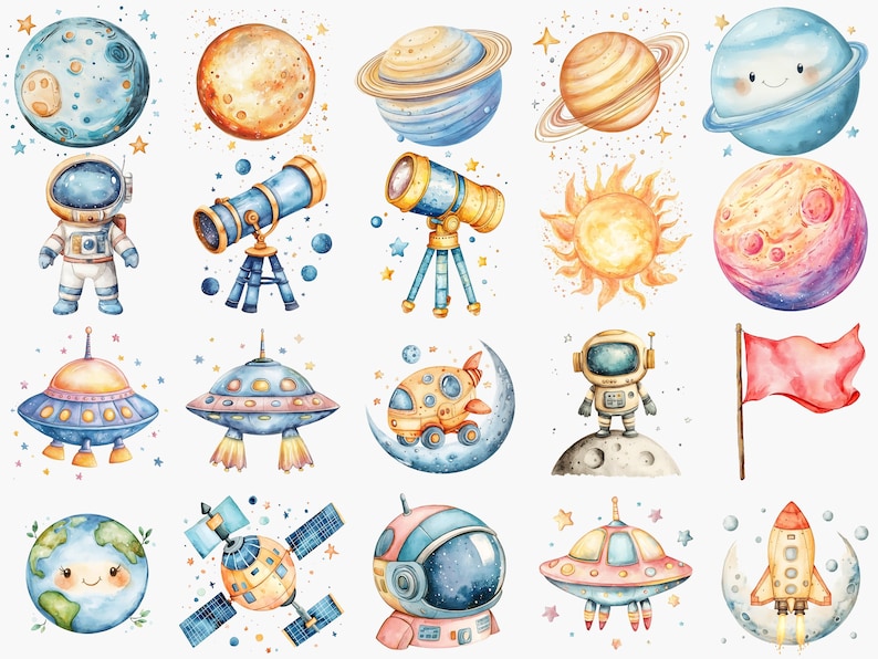 Watercolor Space Clipart Bundle: Planets, Rockets, Astronauts (instant ...
