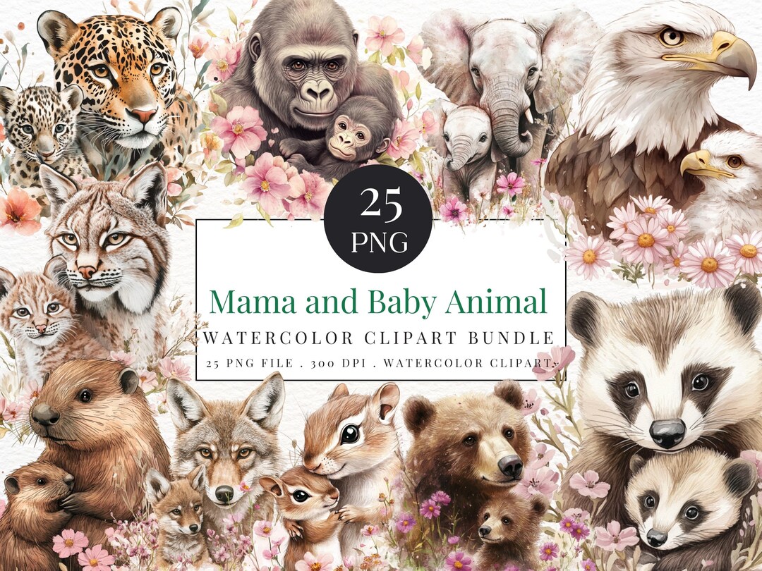 Watercolor Mama and Baby Animals Clipart: Woodland Nursery PNG (digital ...