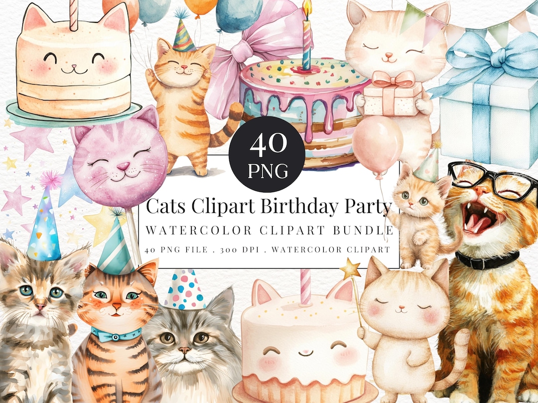 Watercolor Birthday Cat Clipart: 40 PNG Party Illustrations (digital ...