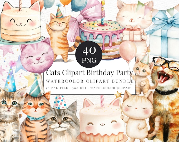 22 PNG Birthday Cat Clipart – Watercolor Party Kittens, Commercial Use ...