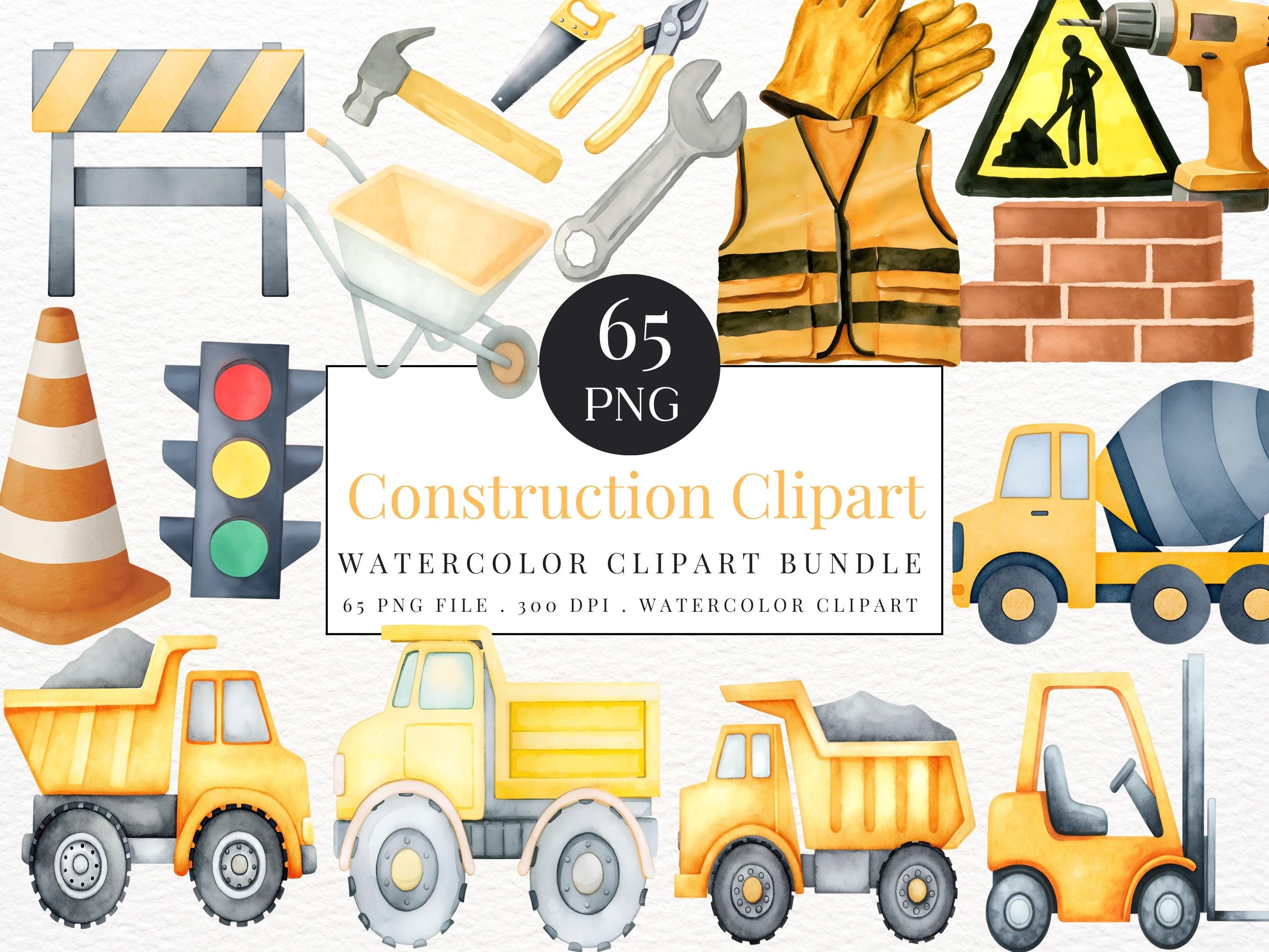 Watercolor Construction Clipart Bundle: Trucks, Diggers, Cranes ...
