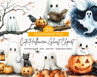 Cute Halloween Ghost Clipart Bundle | Watercolor PNG Witches, Spooky ...