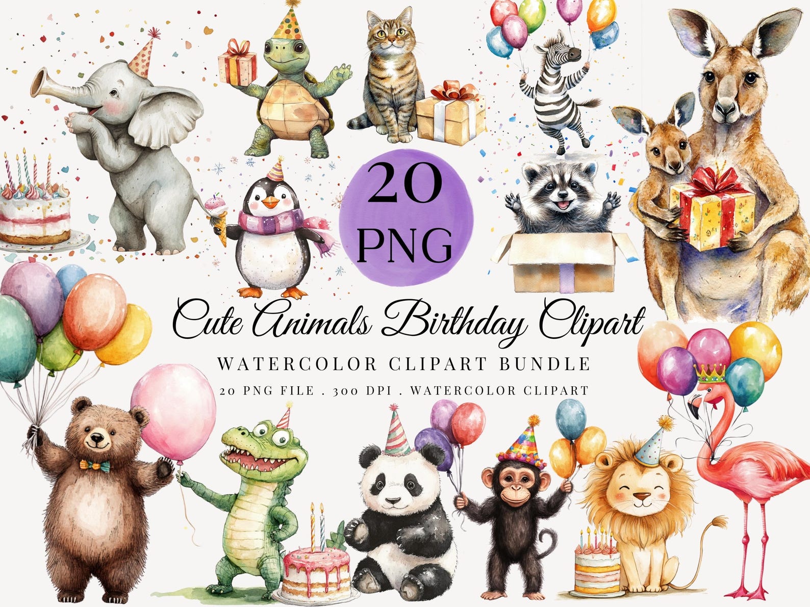Watercolor Birthday Animals Clipart: Safari & Woodland PNG (digital ...