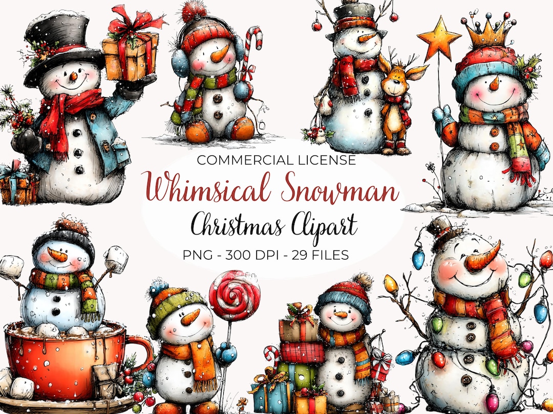 Whimsical Snowman Christmas Clipart - Christmas Cartoon Illustrations ...