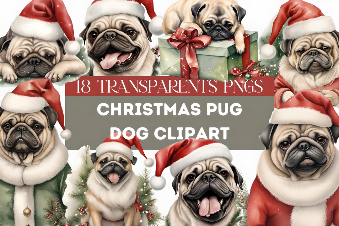 Christmas Pugs Clipart Pug Clipart, Holiday Graphics, Watercolor Dogs ...