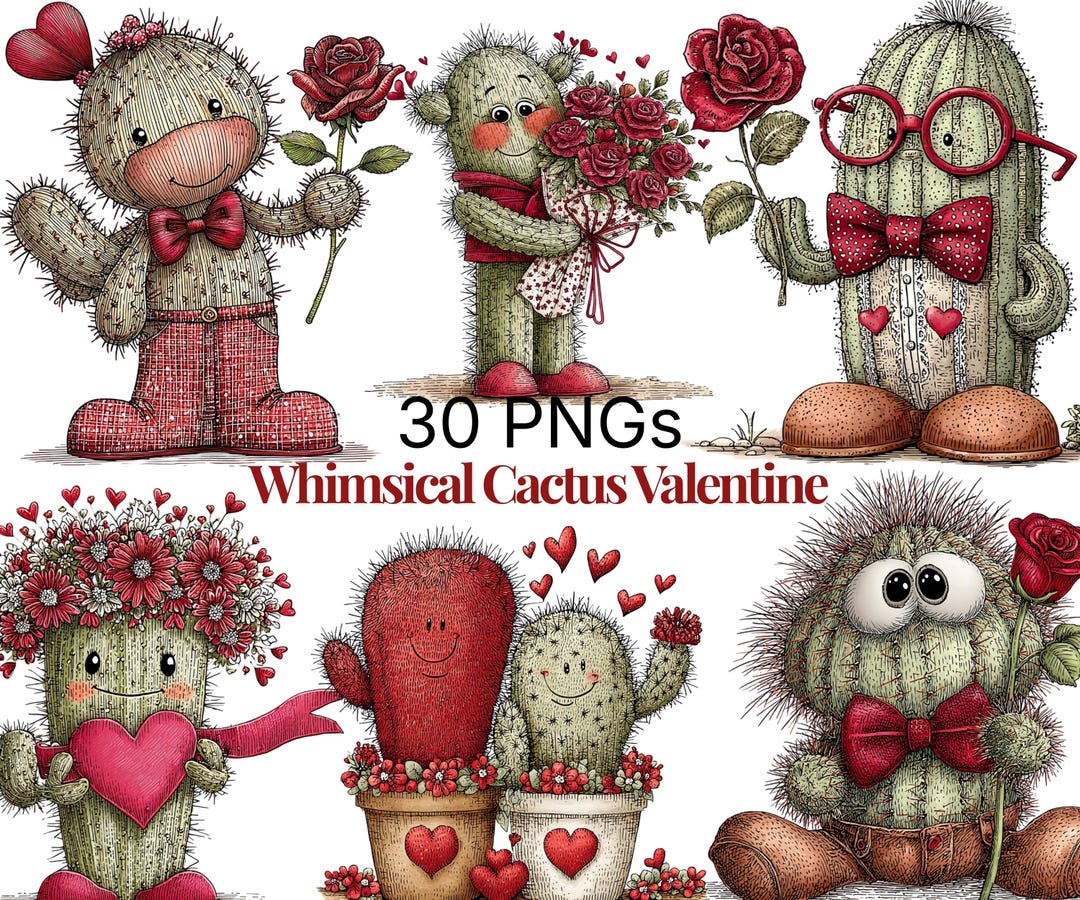30 Whimsical Cactus Valentine's Day Clipart: Love Graphics, Valentine ...