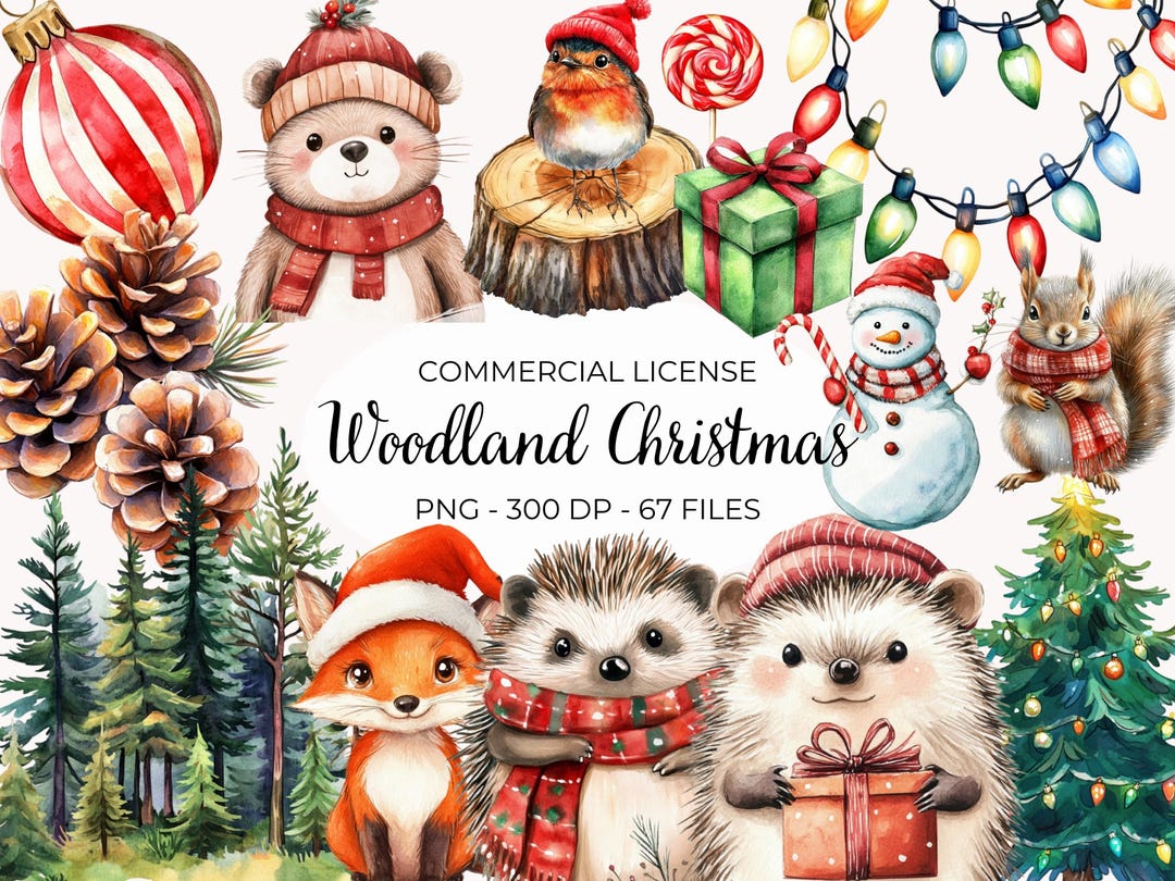 Woodland Christmas Clipart Bundle: Watercolor Animals, Festive Pngs - Etsy