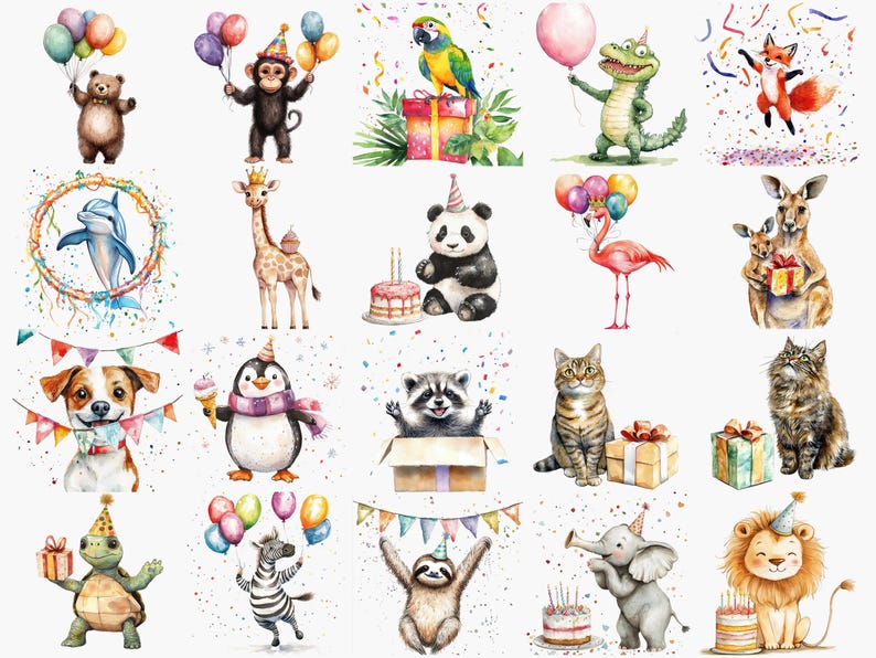 Watercolor Birthday Animals Clipart: Safari & Woodland PNG (digital ...