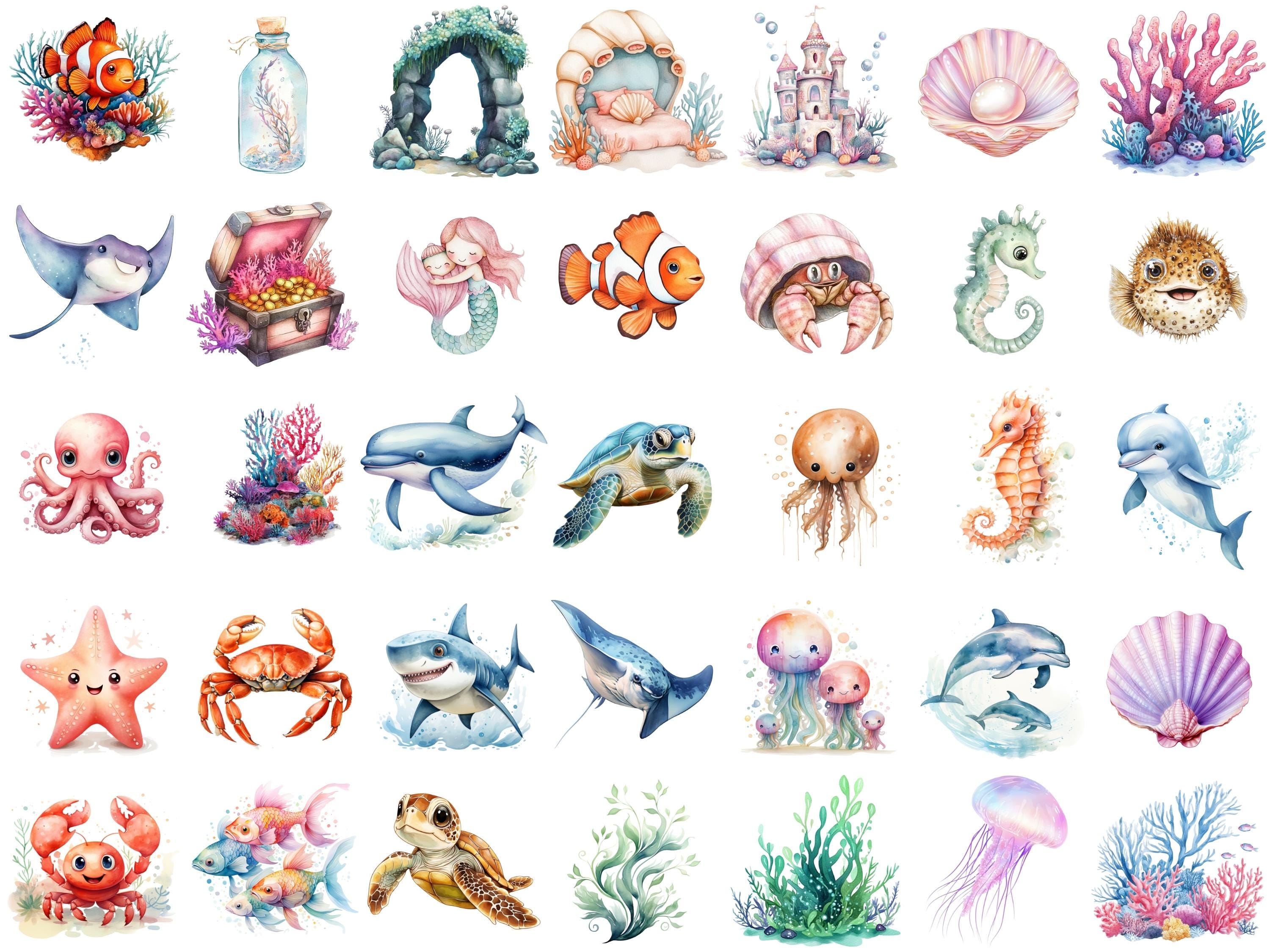 Watercolor Undersea Life Clipart: Ocean Animals, Nursery Art (PNG, 300 ...
