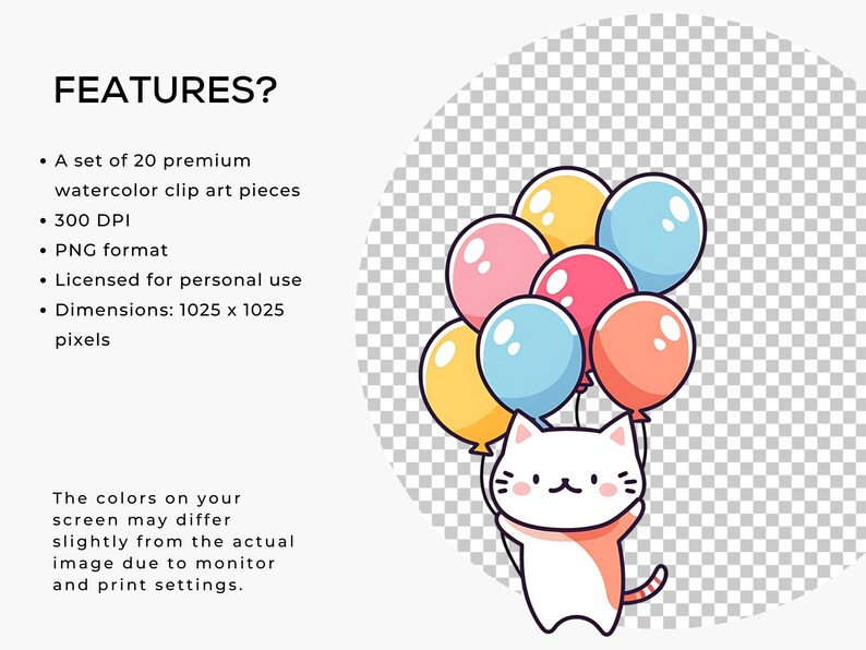 Kawaii Cat Birthday Clipart Set: Watercolor Doodle Graphics (digital ...