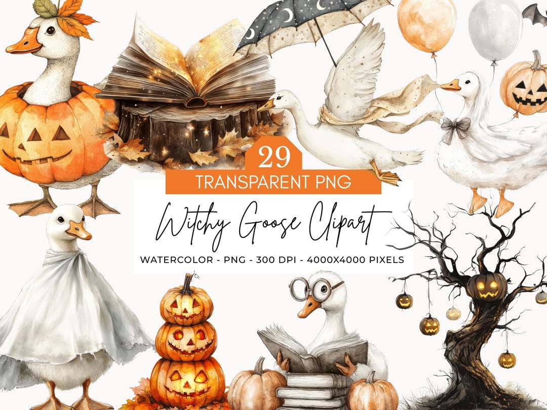 Helloween Witchy Goose Clipart, Cute Halloween Clipart, Goose & Witch ...