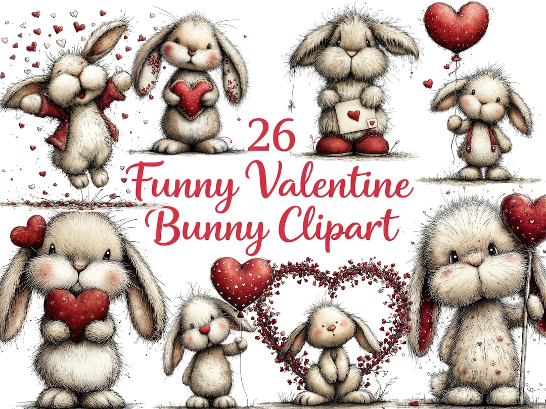 Funny Valentine Bunny Clipart: Valentine Bunny Lovers Graphics (digital ...