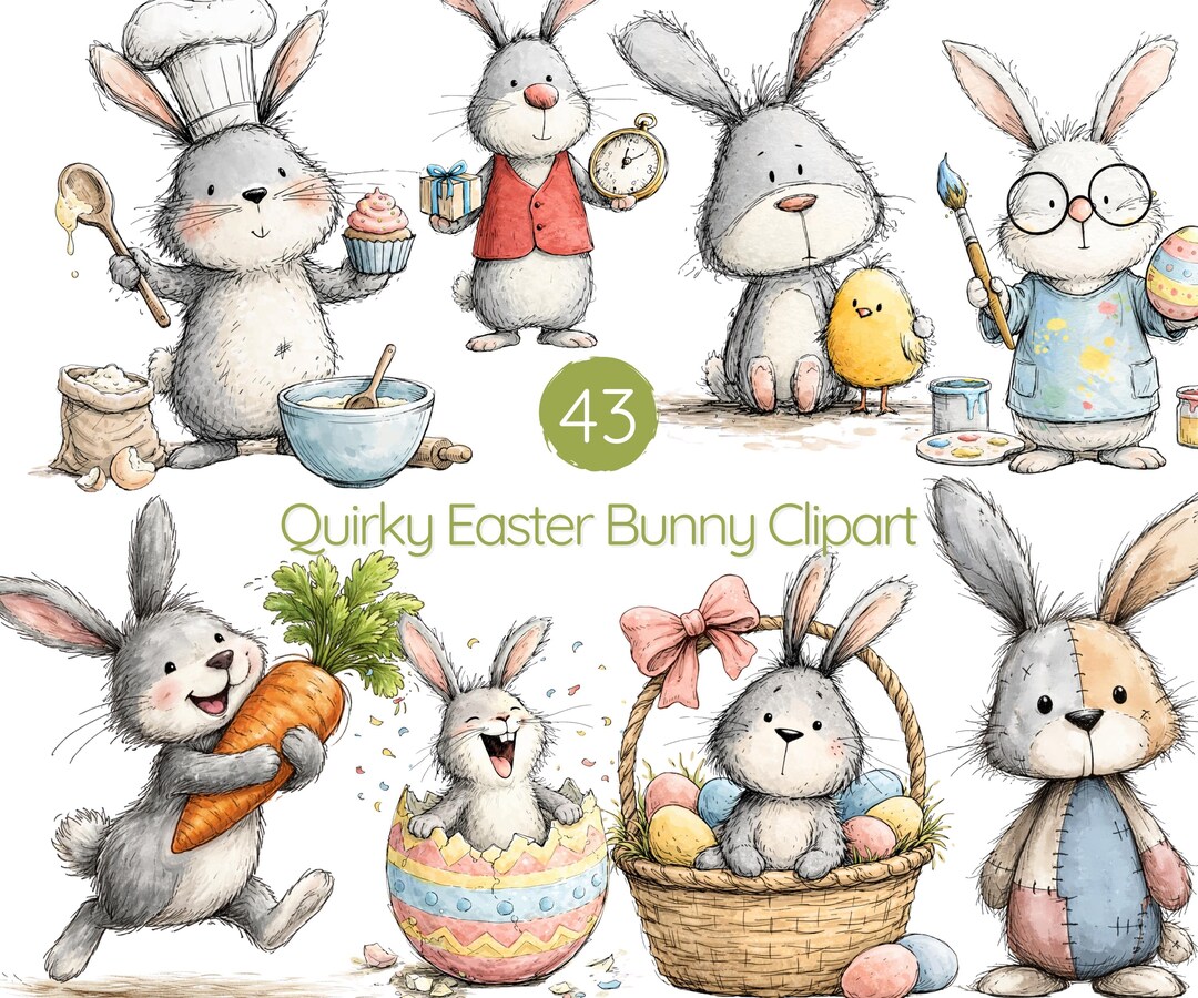 Quirky Easter Bunny Clipart: Festive Graphics (digital Download - 43 ...