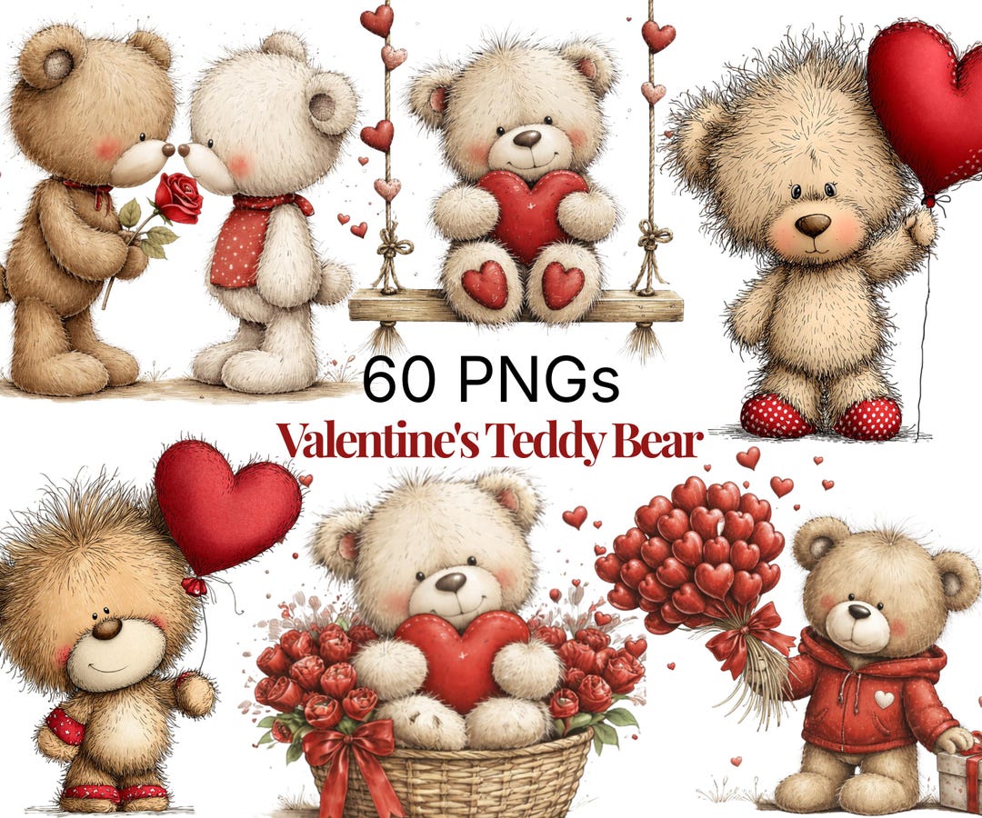 60 Teddy Bear Valentine's Day Clipart: Love Graphics Bundle, Valentine ...