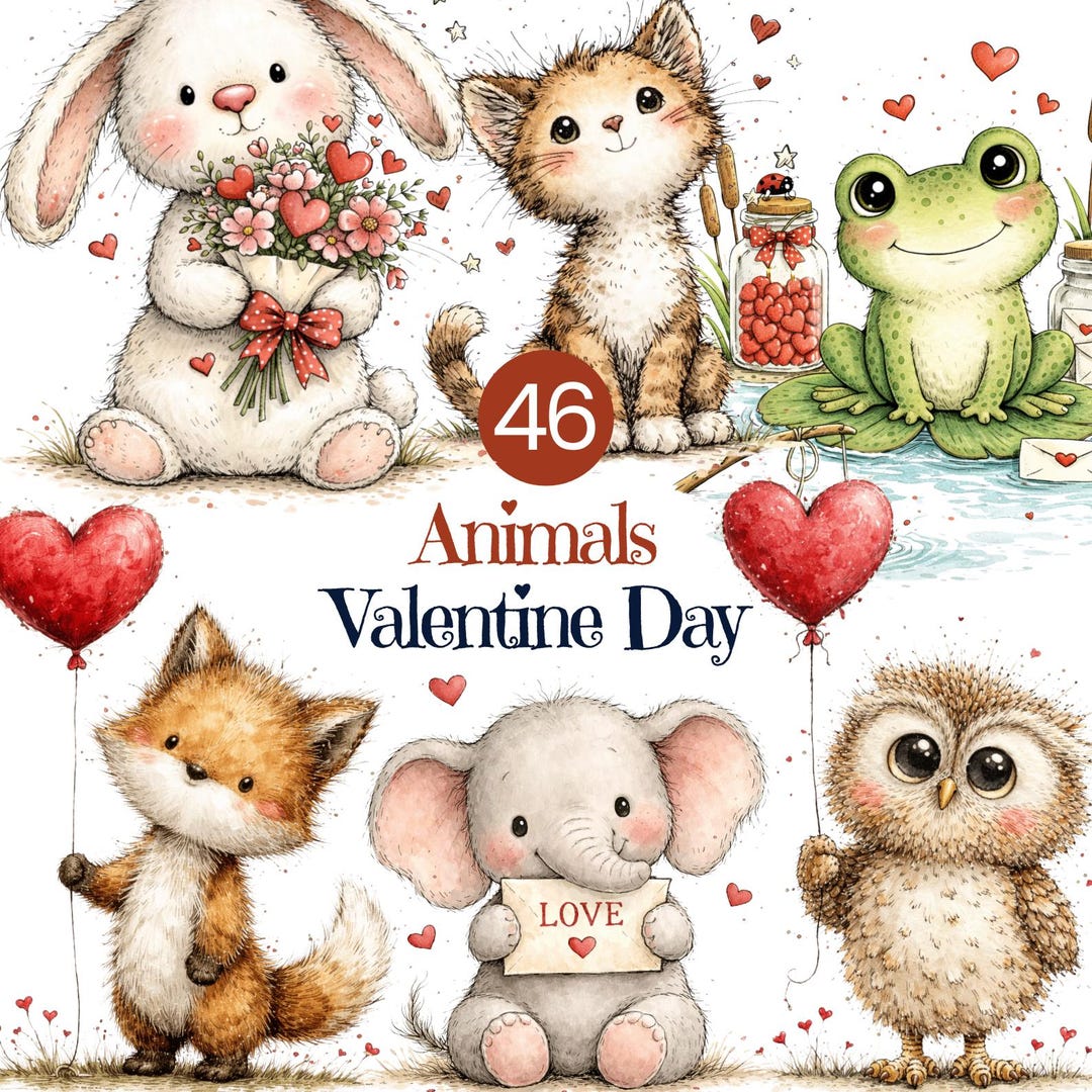 Animals Valentine Day Clipart: Whimsical Graphics - Festive Animals ...