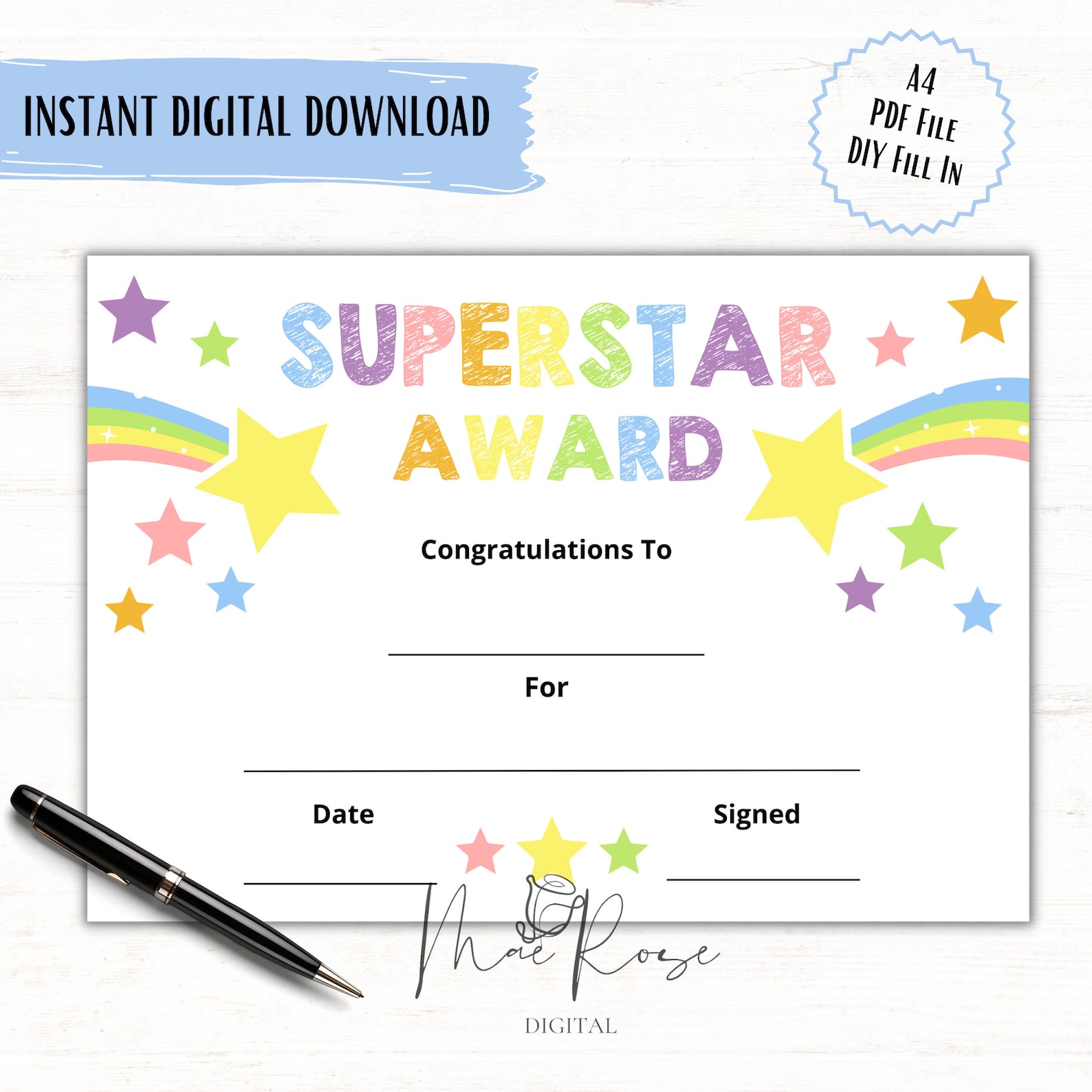 Superstar Children's Award, School Awards, Printable, INSTANT DOWNLOAD ...