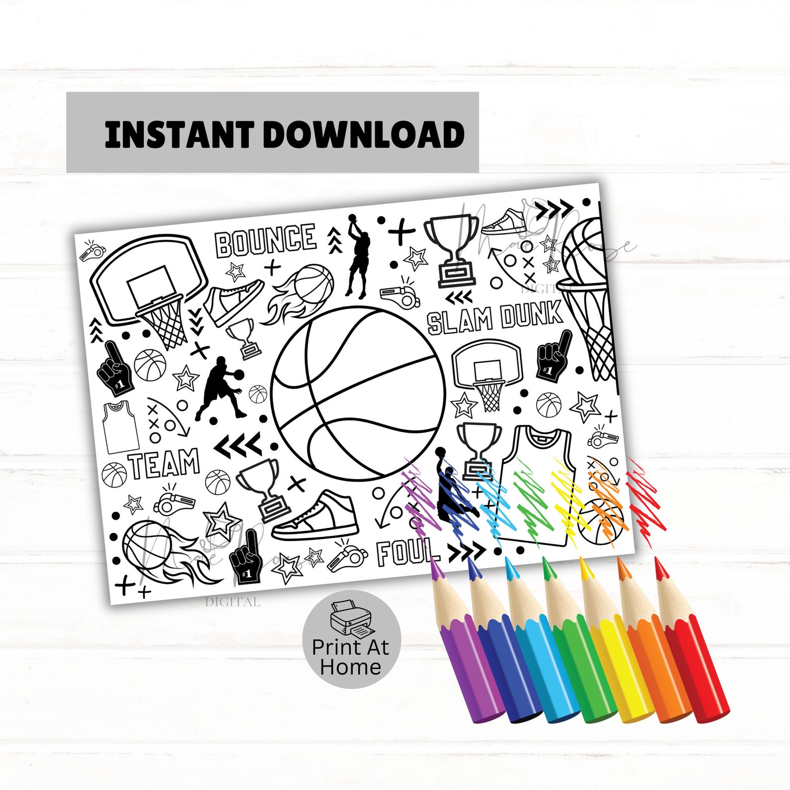 Basketball Colouring Page, INSTANT DOWNLOAD, Printable File, Basketball ...