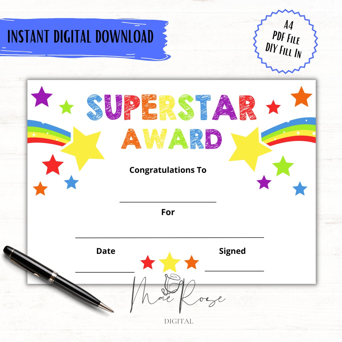 Superstar Children's Award, School Awards, Printable, INSTANT DOWNLOAD ...